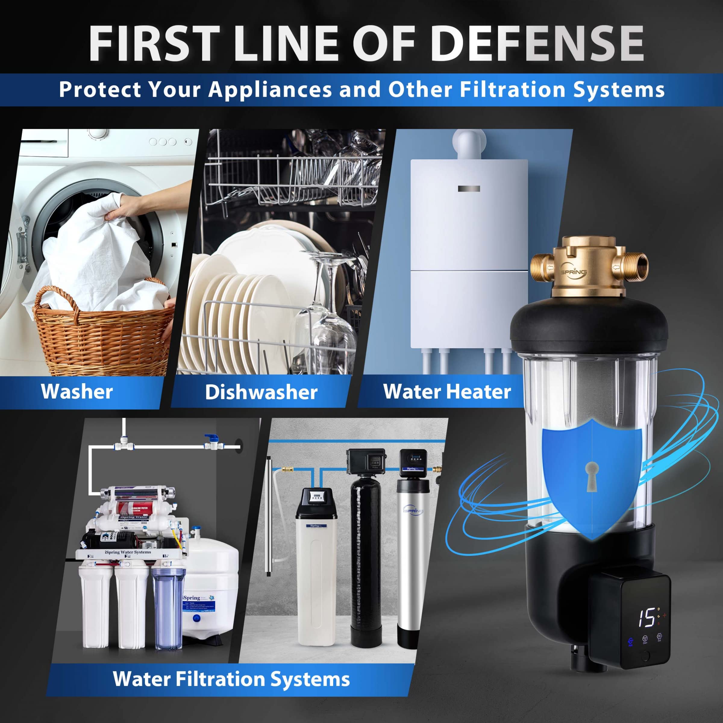 iSpring WSP200ARJ Spin-Down Sediment Water Filter, Upgraded Jumbo Size, Large Capacity, Reusable with Touch-Screen Auto Flushing Module, Brass Top Clear Housing, 200 Microns