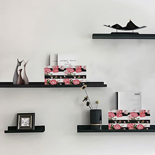 Oyihfvs Floral Peony and Roses Flowers On Black White Stripes 2 PCs Collapsible Storage Bins Baskets, Foldable Felt Fabric Organizer Cube Boxes Storage Bags for Shelves Closet Home Decor