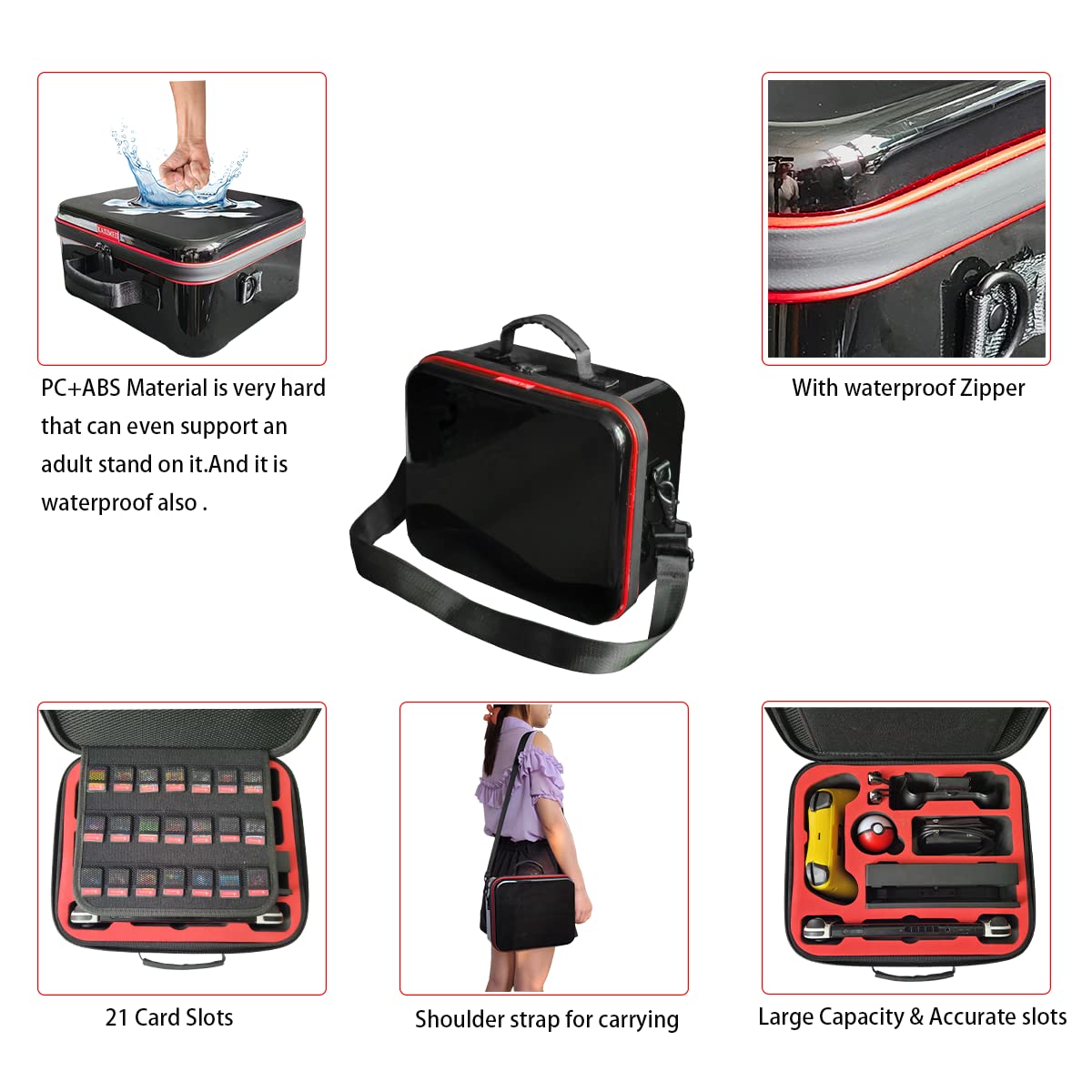 KAXIMEII Carrying Case for Nintendo Switch OLED,8 in 1 Switch OLED Accessories Bundle with Thumb Cap, Crystal Protective Case for Console & J-Con,Screen Protector,Hard Material Storage Bag,-Black