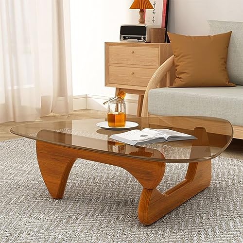 Triangle Glass Coffee Table-Mid-Century Modern End Table Solid Wood Base and Vintage Tempered Transparent Glass Top Coffee Tables Living Room Balcony (Walnut/Brown, Medium 35.8 * 25.5 * 16in)