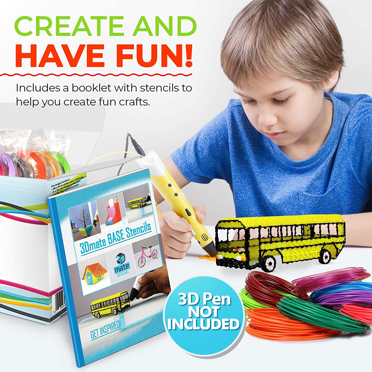 Filamate 3D Pen Filament - 1.75mm PLA Plastic - 3D Pen Refills with Stencils - 360 Feet of Assorted Filament: 0.02mm Tolerance for 3D Drawing and Doodling