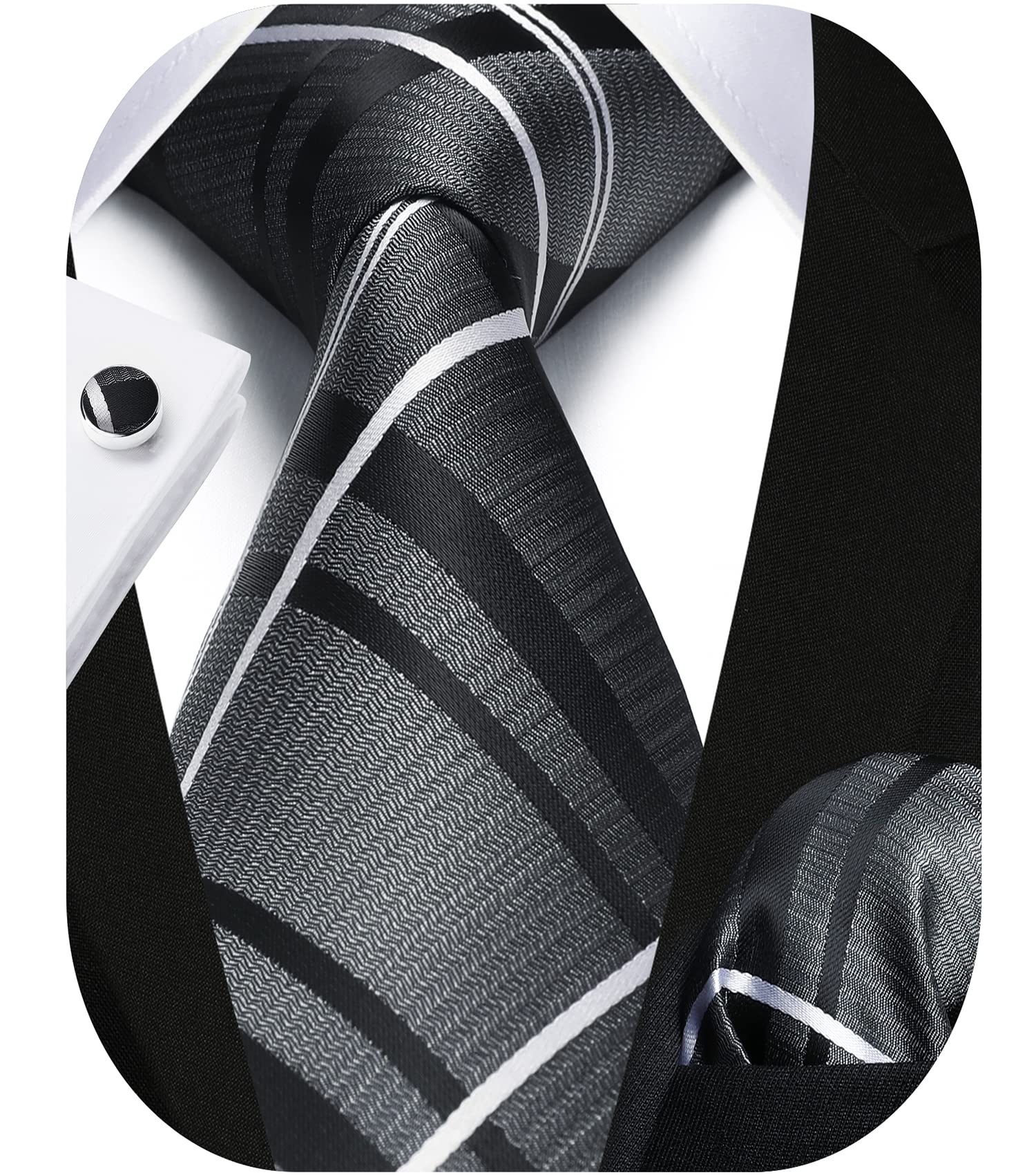 HISDERN Stripe Ties for Men Set Gray and Black Men's Ties Handkerchief Cufflinks Classic Formal Silk Necktie Wedding Business
