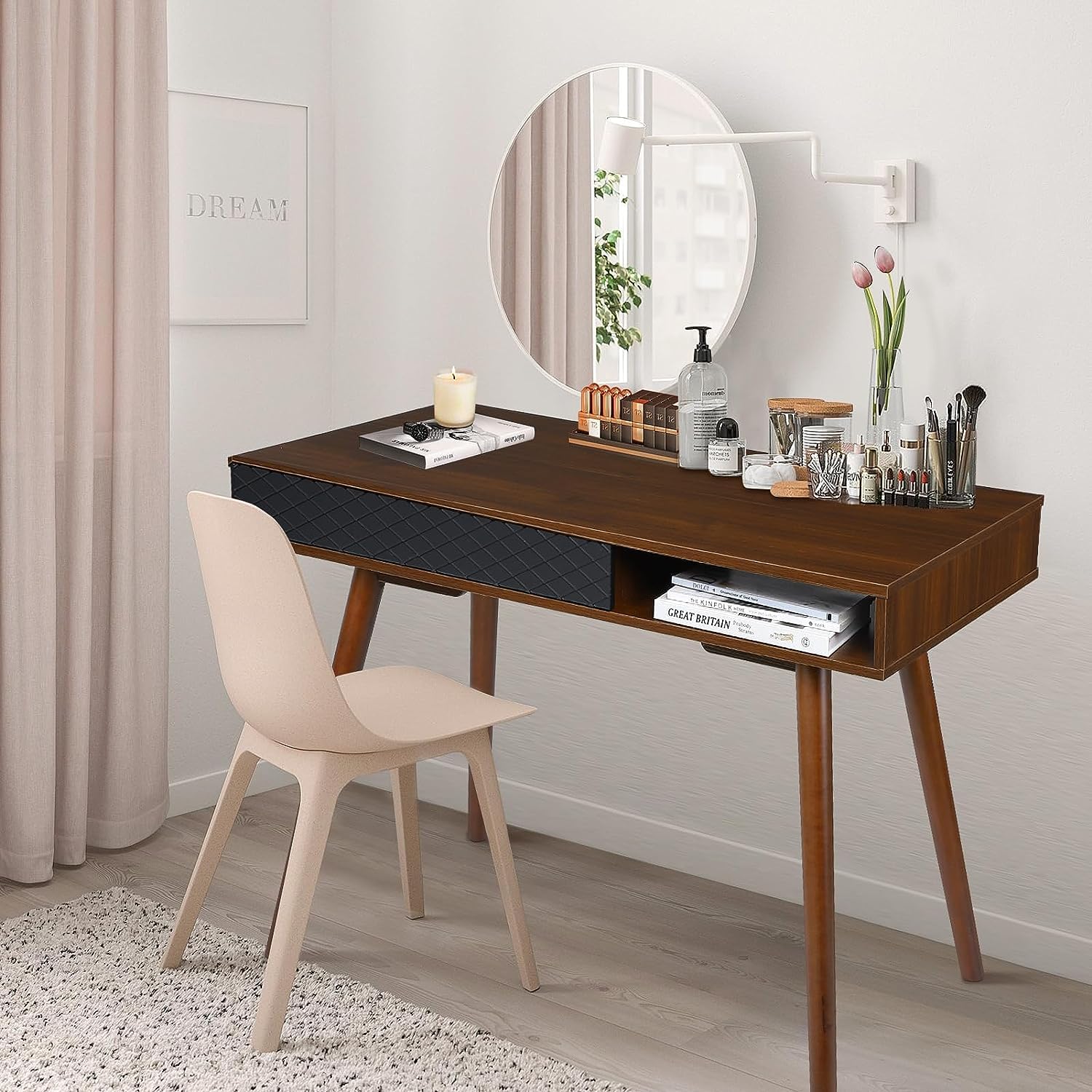 GAOMON Modern Home Office Writing Desk, 42 Inch Computer Table Desk with Drawers, Simple Mid Century Modern Desk, Walnut