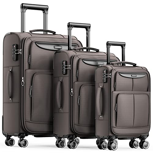 SHOWKOO Luggage Sets 3 Piece Softside Expandable Lightweight Durable Suitcase Sets Double Spinner Wheels TSA Lock Light Coffee (20in/24in/28in)­