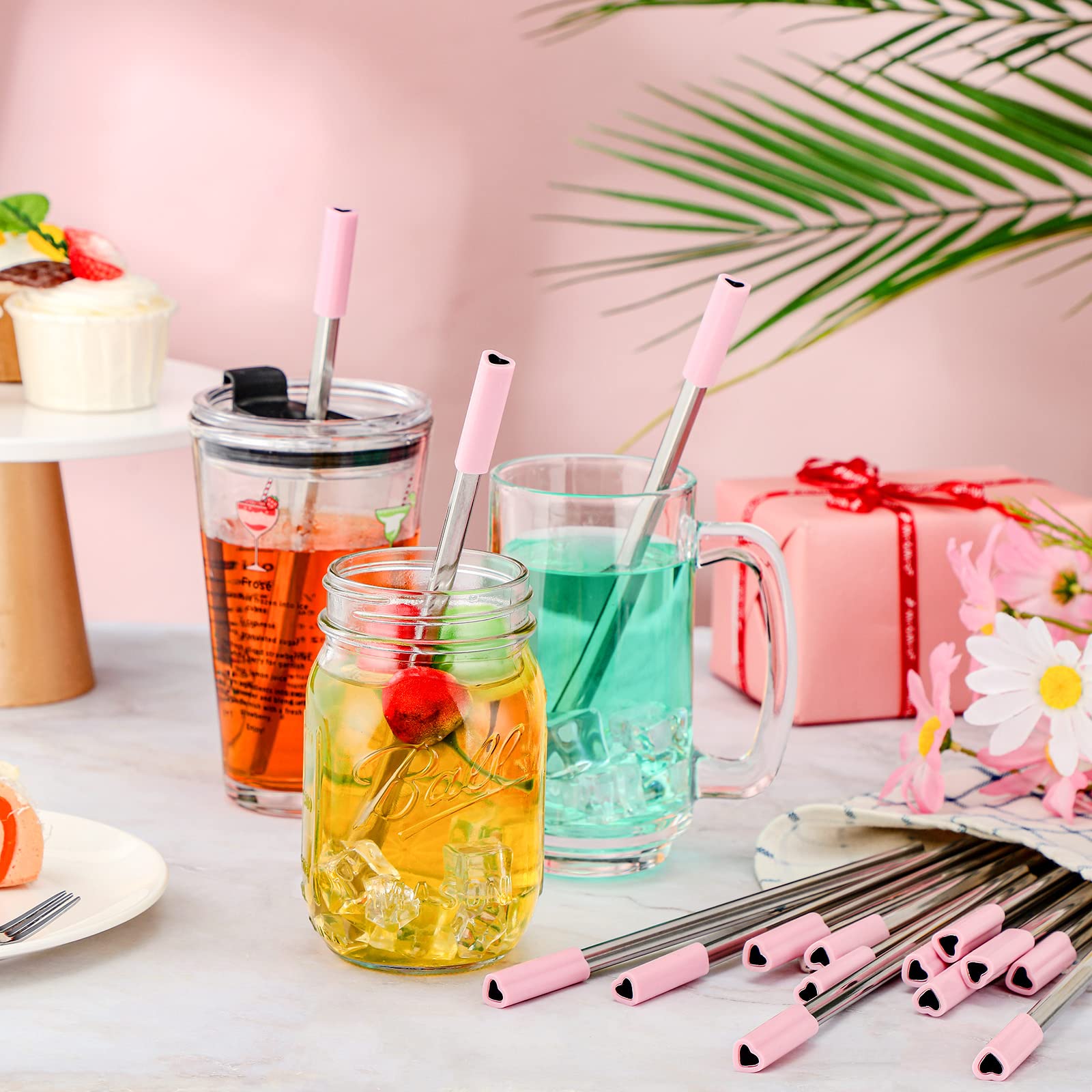 Jutom 8 Pack Heart Shaped Stainless Steel Straws with Silicone Tips Reusable Heart Straws Cute Straws with 2 Cleaning Brushes for Hot Cold Drinks Valentine's Day Bridal Shower Wedding (Pink)