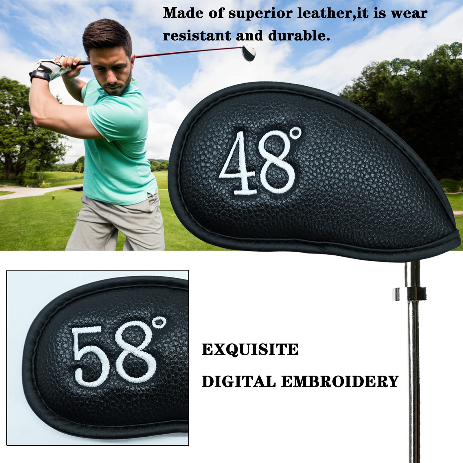 Golf Club Covers for Irons Leather 1 Pc Or 1 Set, Head Cover for Left Right Handed Golfer 48° 50° 52° 54° 56° 58° 60° 62° (1pc 54°-Black)