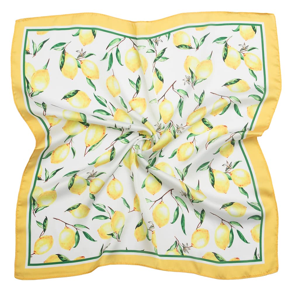 NaSoPerfect Silk Like Scarf Square Handkerchief Lemon Pattern Satin Ribbon Neck Scarfs for Women Yellow 21" x 21"