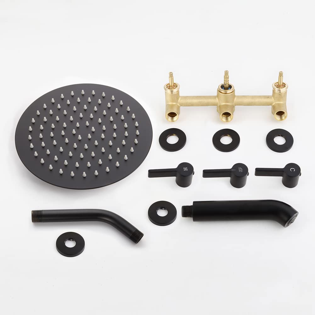Matte Black 3 Handle Shower Faucet Set with Tub Spout, Tub and Shower Trim Kit with Rough-in Valve, Bathroom Rain Mixer Shower System, Rainfall Bathtub Shower Faucets