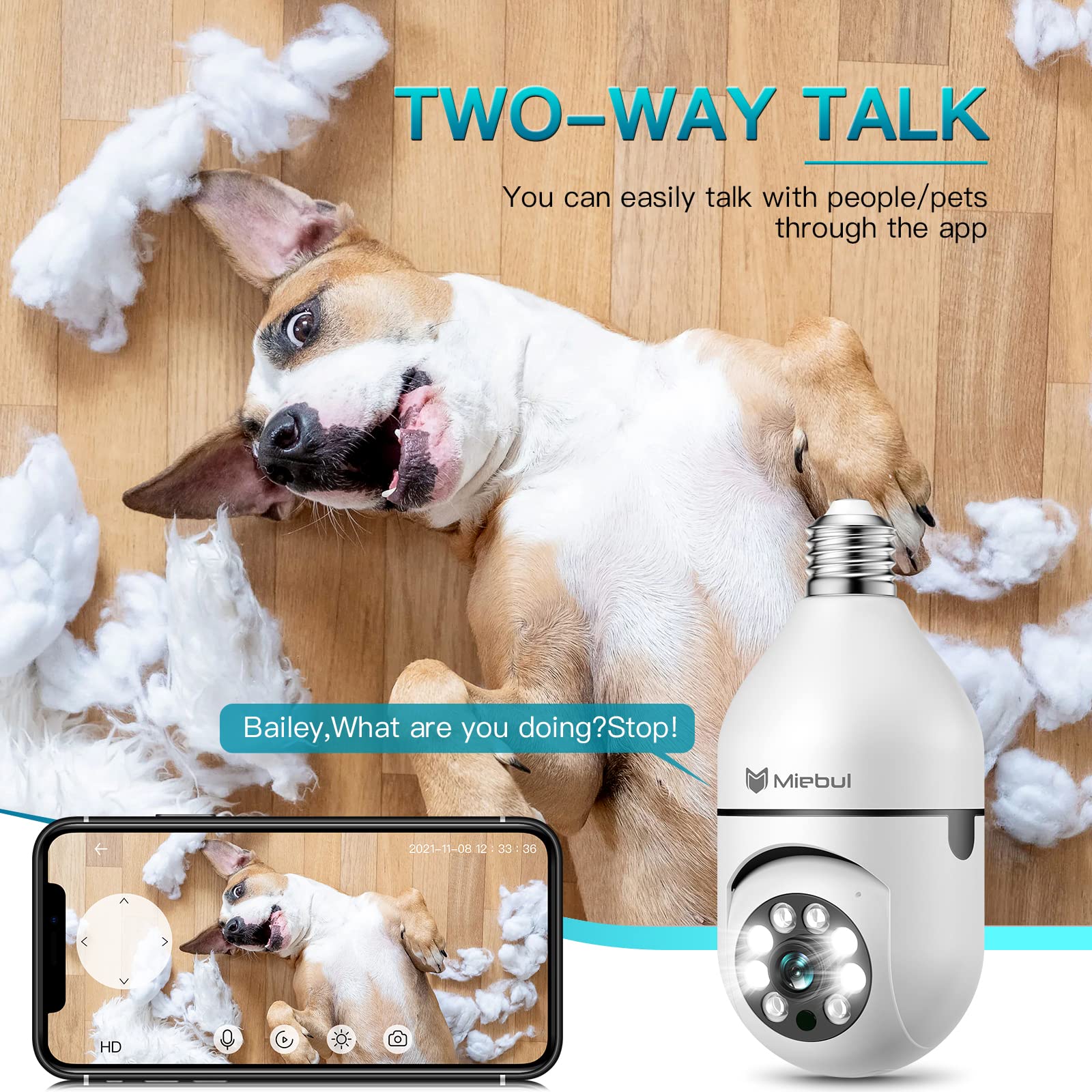 Miebul Light Bulb Camera, 2.4GHz WiFi Wireless Security Dome Camera, 1080P 355 Degree Security Surveillance Lightbulb Camera with Motion Detection Alarm Two Way Talk Night Vision Indoor