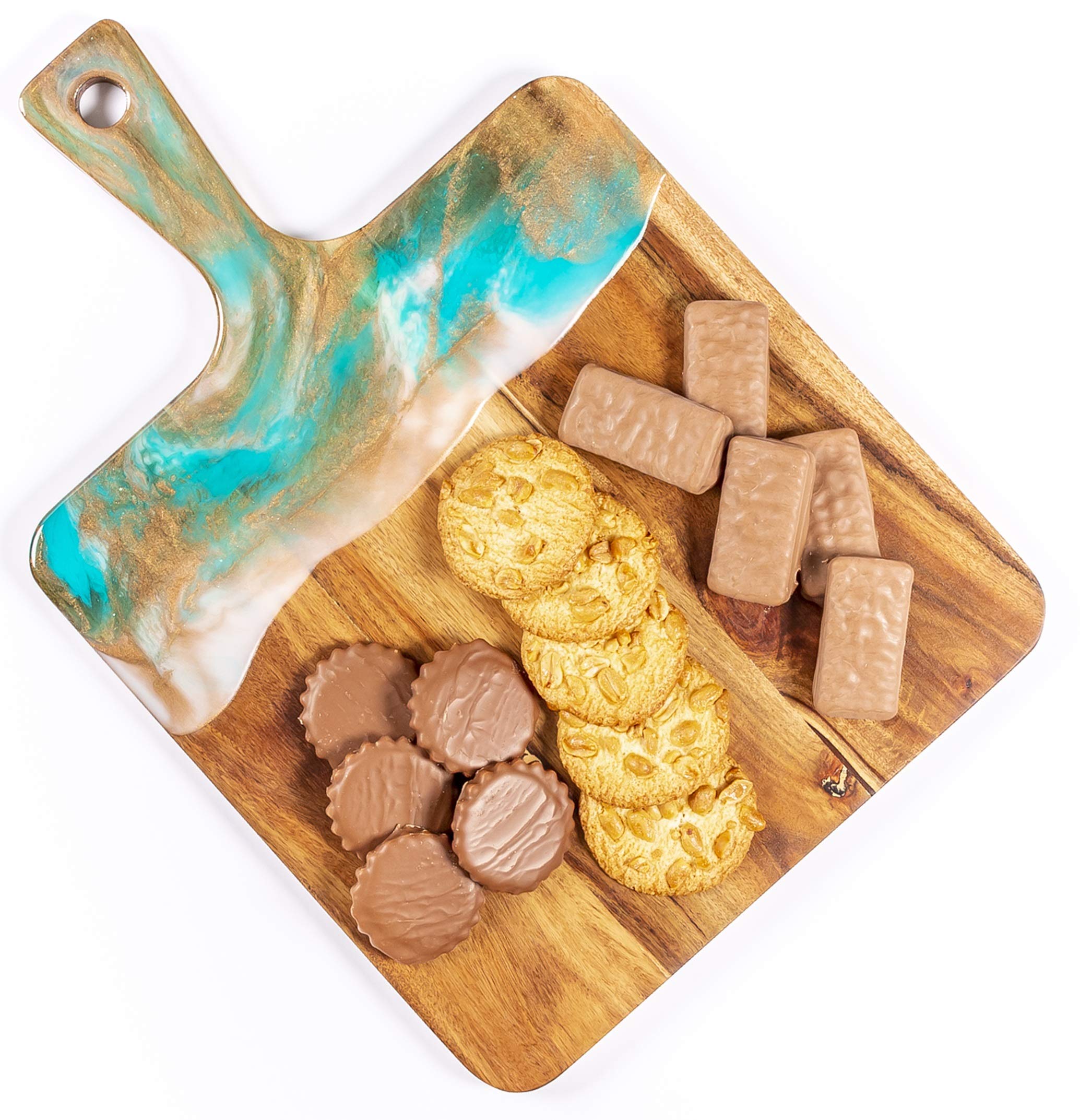Large wooden charcuterie Board, Paddle 11.5 in x 11.5 in plus 5in Handle, Serving Platter, Cheese Board and Knife Set in Gift box. Charcuterie board, Handmade Ocean themed Epoxy Resin