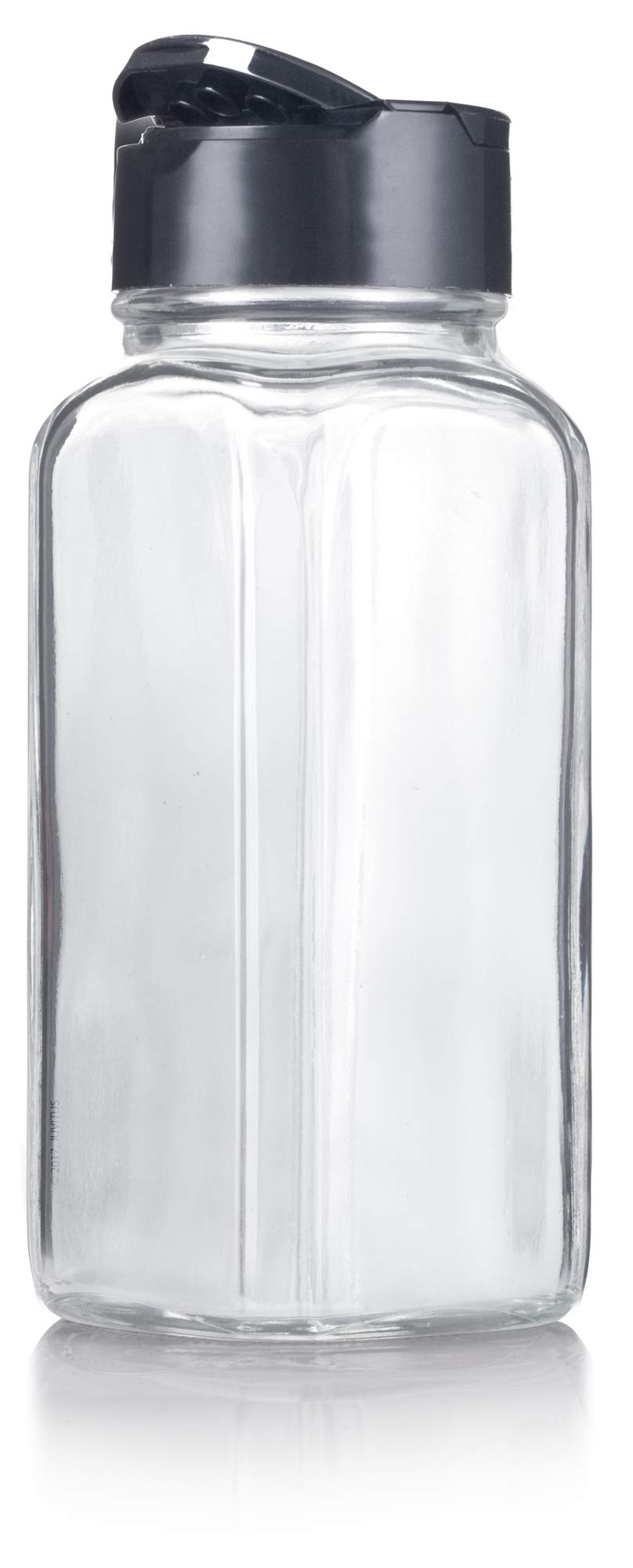 JUVITUS 4 oz / 120 ml Clear Glass Square Spice Jar with Black Sifter (12 pack) - Two Sided Sifter Cap (shaker holes/pour open) and Freshness Seal for a professional look