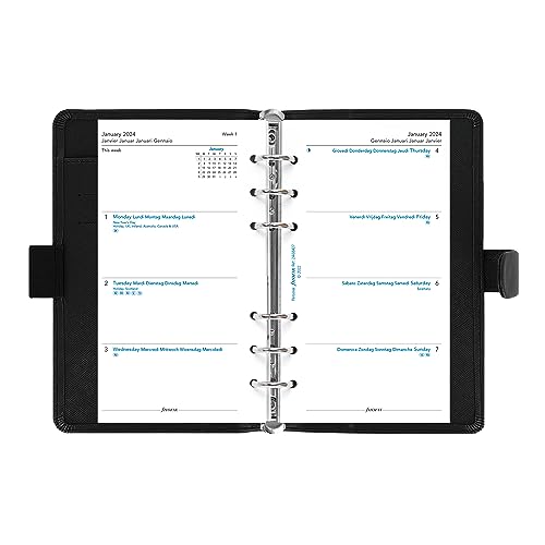 Filofax Saffiano Organizer, Personal Compact Size, Black - Cross-Grain, Leather-Look, Six Rings, Week-to-View Calendar Diary, Multilingual, 2024 (C022469-24)