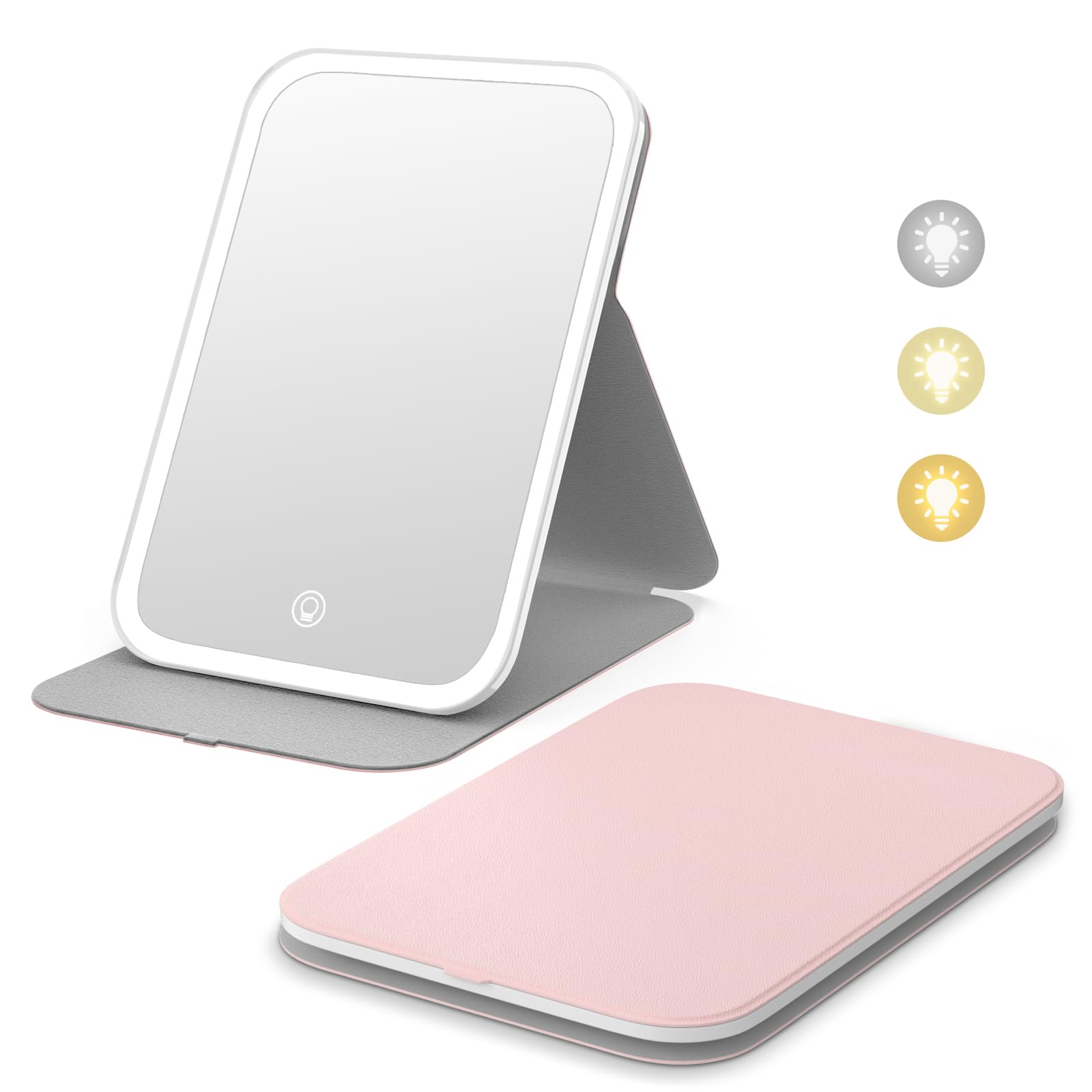 Kintion Travel Makeup Mirror, Portable LED Lighted Makeup Mirror, 360° Rotation Touch Screen Vanity Mirror, 60 LEDs, 3-Color Dimmable Lighting, Rechargeable Tabletop Folding Cosmetic Mirror (Pink)