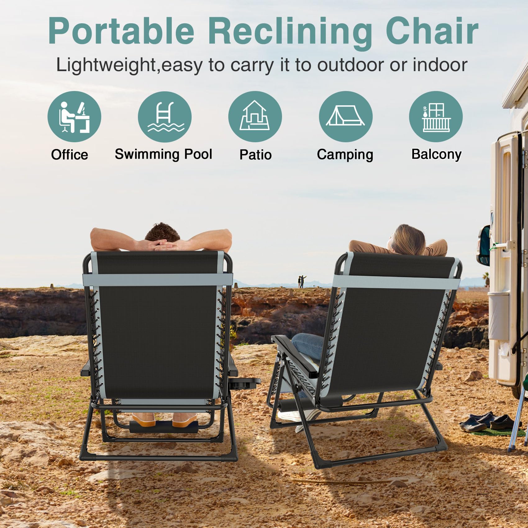 Slendor Oversized Padded Zero Gravity Chair, 33Inch XXL Reclining Camping Lounge Chair with Large Cup Holder & Footrest, Reclining Patio Chairs Folding Recliner for Outdoor Indoor, Gray