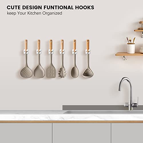 PUKOKAL 6 Pcs Adhesive Hooks Holders Dorm Room Essentials for Hanging Item, Silicone Toothbrush Razor Holder on Wall Door, Functional Utility Hooks for Kitchen Bathroom College Home Office (White)