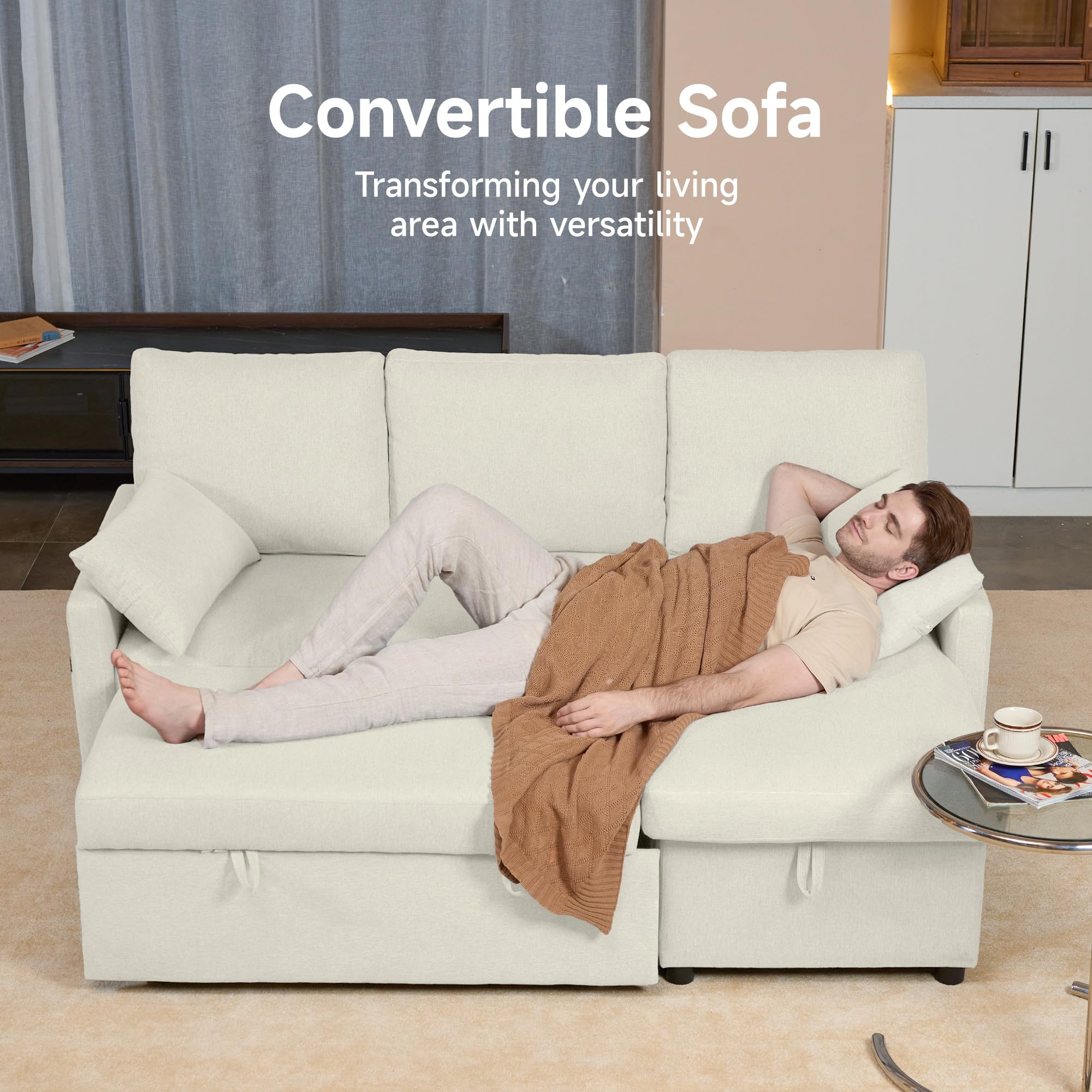 Real Relax Sleeper Sofa, 4-in-1 L Shaped Convertible Sofa Bed with Pull Out Bed and Storage for Living Room, Apartment, Office and Bedroom, Dark Gray