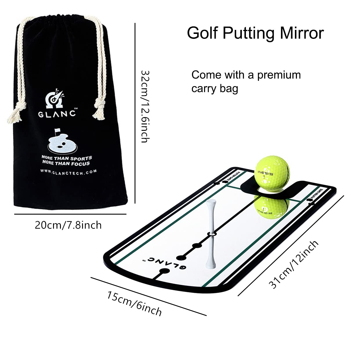GLANC Golf Putting Mirror Practice Set, 2 in 1 Set Golf Putting Training Aid Equipment - Putting Alignment Mirror with Carry Bag and Golf Putting Hole Cups to Improve Your Putting