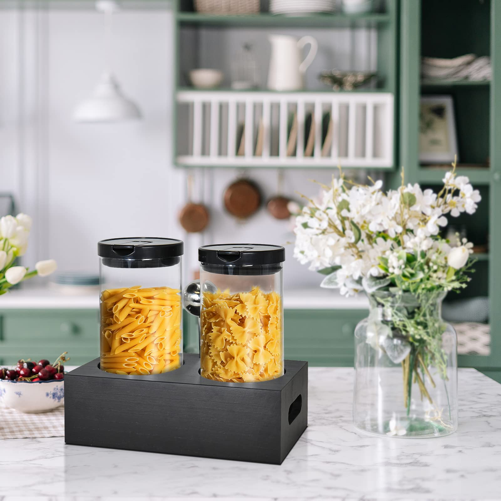 Glass Coffee Containers with Shelf,Coffee Station Organizer,Coffee Canister with Scoop,2x48oz Coffee Bean Storage with Airtight Locking Clamp,Coffee Container for Ground Coffee(Black)