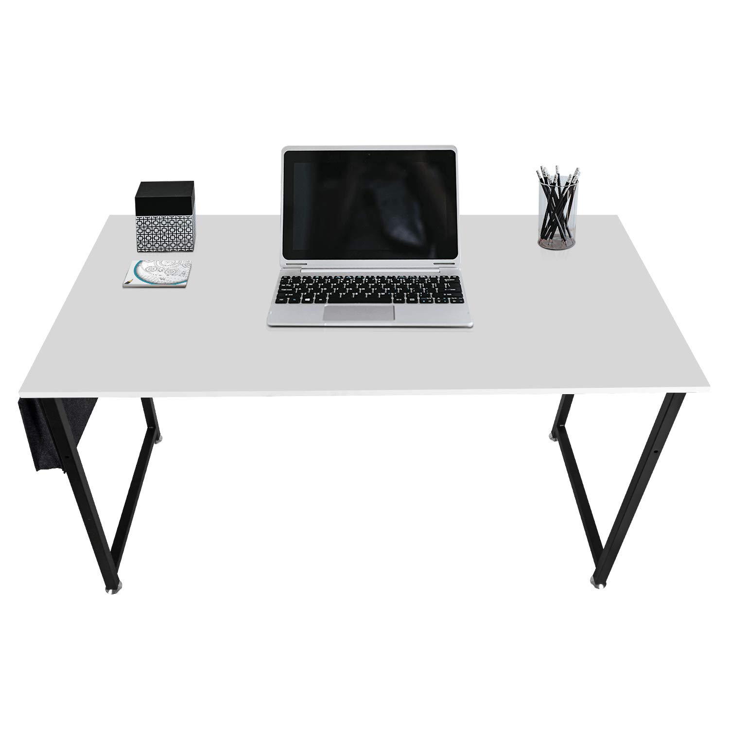 iPEGTOP 39.4" Small Computer Desk with Headphone Hook Storage Bag, Simple Writing Table for Home Office Students, Sturdy PC Laptop Desk, Black Metal Frame Industrial, White