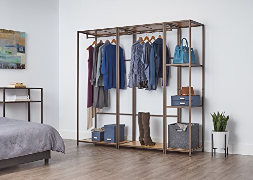 Trinity Garment Rack with Bamboo Shelves and 4-Tier Shelf Tower for Clothing Storage, Closet Organization for Home with Decorative Book Shelf and Display Stand, Bronze