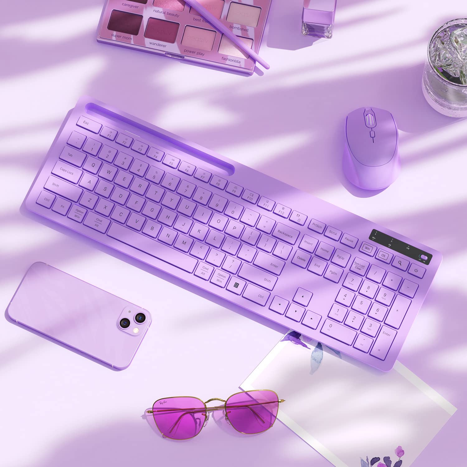 Keyboard and Mouse Wireless, Vivefox Wireless Keyboard with Phone Holder USB A & Type C Receiver Cute Keyboard and Mouse Compatible for Windows, Mac, MacBook/Air/Pro Computer (Purple)