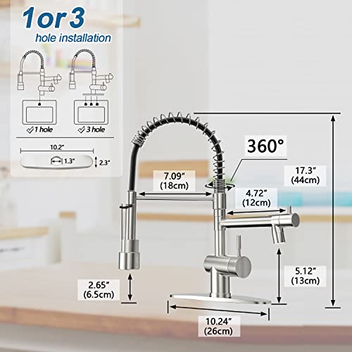 Kitchen Faucet with Pull Down Sprayer, Brushed Nickel Kitchen Faucet, Commercial Faucet for Kitchen Sink, Single Handle Kitchen Sink Faucets Brass Pull Down Kitchen Faucet with Deck Plate