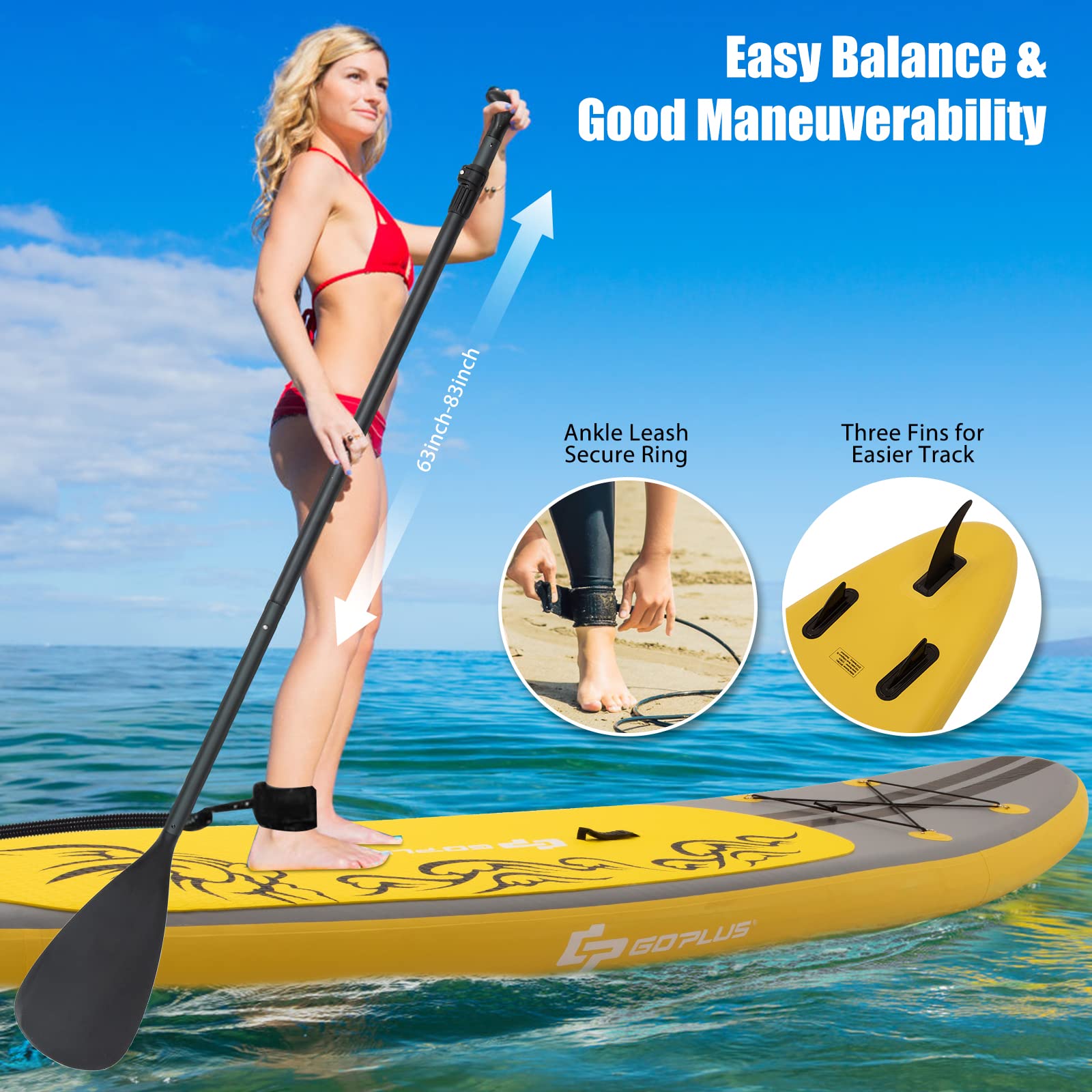 Goplus 10/ 11FT Inflatable Stand up Paddle Board Latest Inkjet Process Anti-Fading 6.5” Thick SUP with 3 Fins, Non-Slip Deck, Adjustable Paddle, Hand Pump, Carry Bag, Leash (Yellow, 11FT)