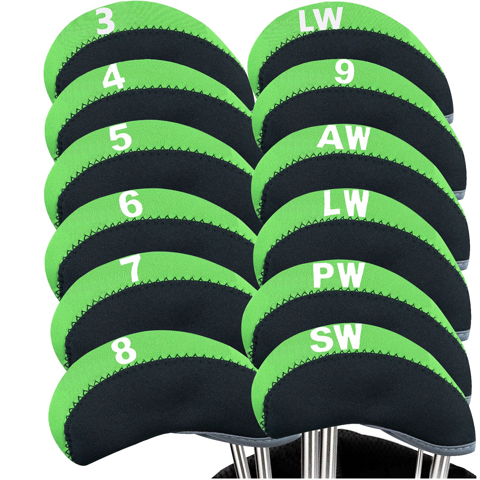 Golf Iron Head Covers Neoprene 12 Pack Irons Headcovers Set with Numbers Protector Cases for Men Women Fit All Brands (Black&Green)