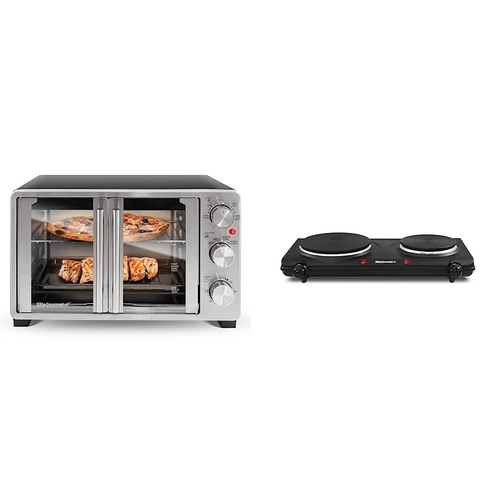 Elite Gourmet ETO2530M Double French Door Toaster Oven and Elite Gourmet EDB-302BF Countertop Double Cast Iron Burner