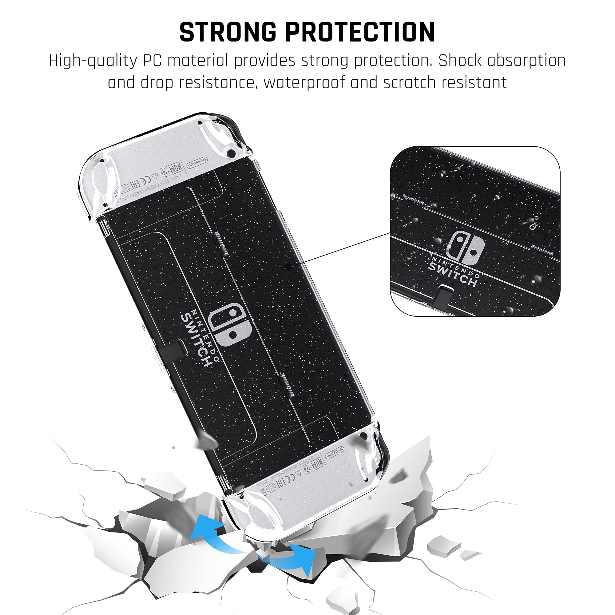GLDRAM Glitter Case for Nintendo Switch OLED Model 2021 with Screen Protector and 12 PCS Thumb Caps, Clear Protective Hard Cover for Switch OLED Console & JoyCon - Ultra-Slim & Flip Shell