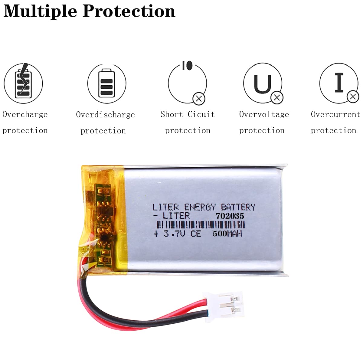 Liter Energy Battery 3.7V Lipo Battery 500mAh Rechargeable Lithium ion Polymer Battery 702035 Lithium Polymer ion Battery with JST Connector
