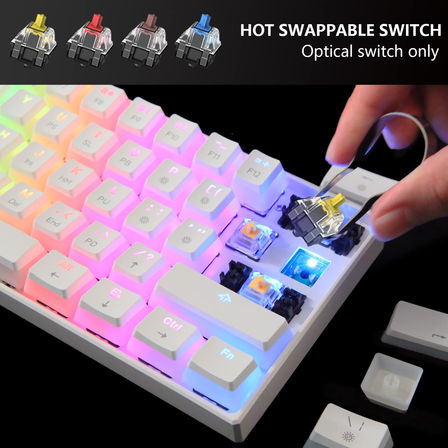 Gamakay 61 Pro Wired Wireless Gaming Keyboard 60 Percent White Hot Swappable Mechanical Keyboard with RGB Backlit NKRO for MAC/PC (Gateron Optical Yellow Switch V2)