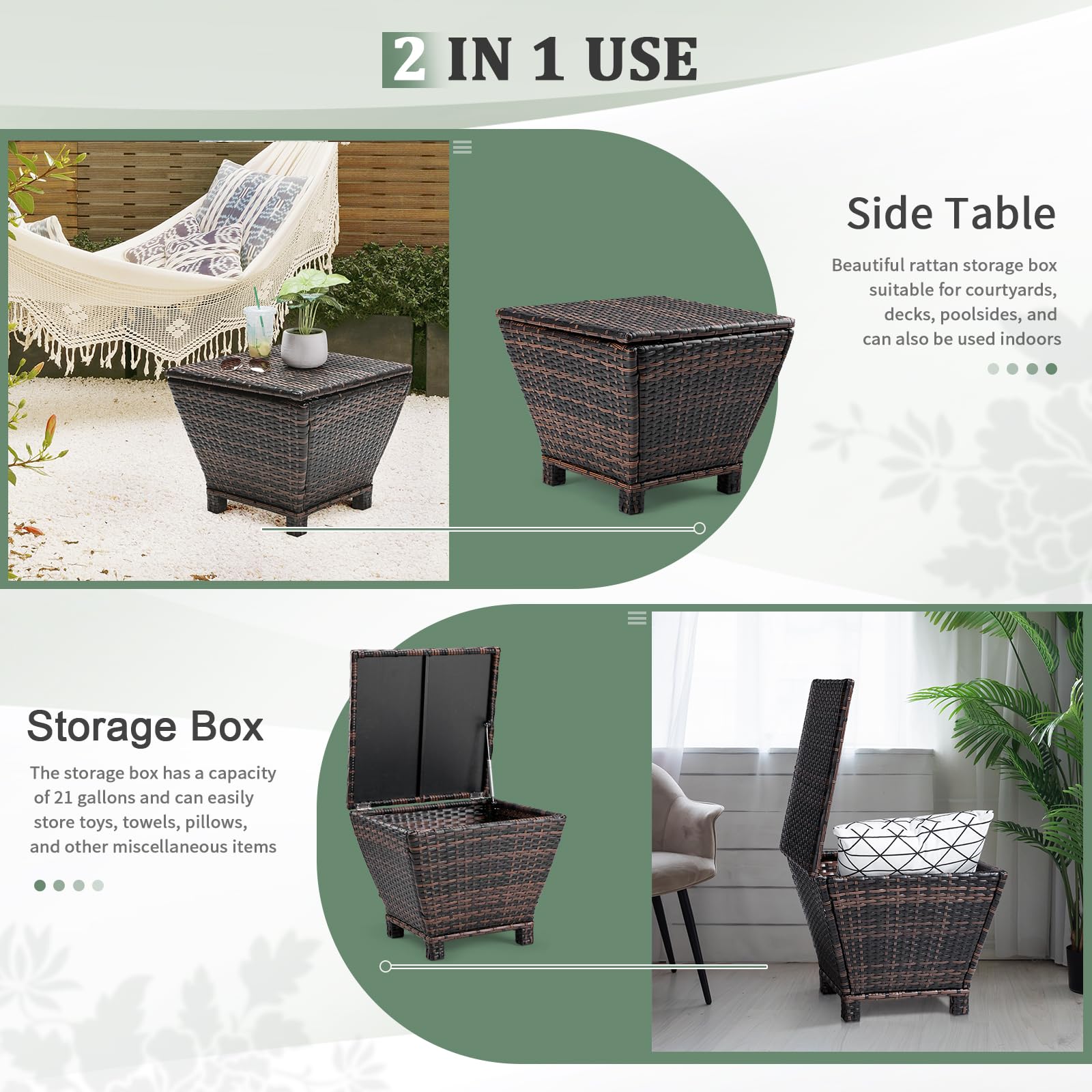 Small Deck Storage Box Outdoor with Lid, 13 Gallon Small Outdoor Bin Storage Container for Hose Cushion Towel, Patio Brown Side Wicker Table with Storage-Steel, Rattan, Square