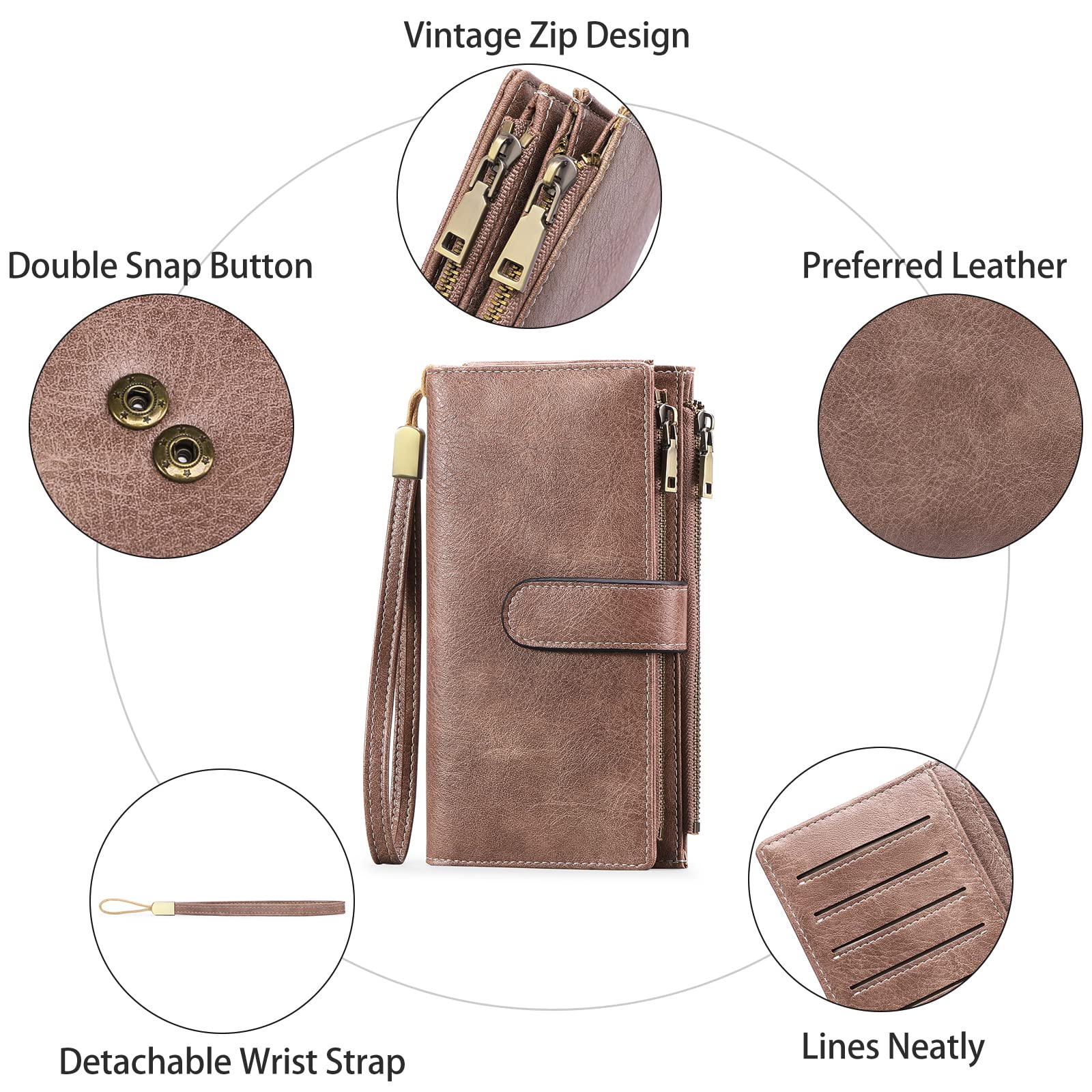 GOIACII Womens Wallets Large Capacity Credit Card Holder Rfid Wallet Women Double Zipper Pocket Leather Bifold Ladies Wristlet Clutch Wallet