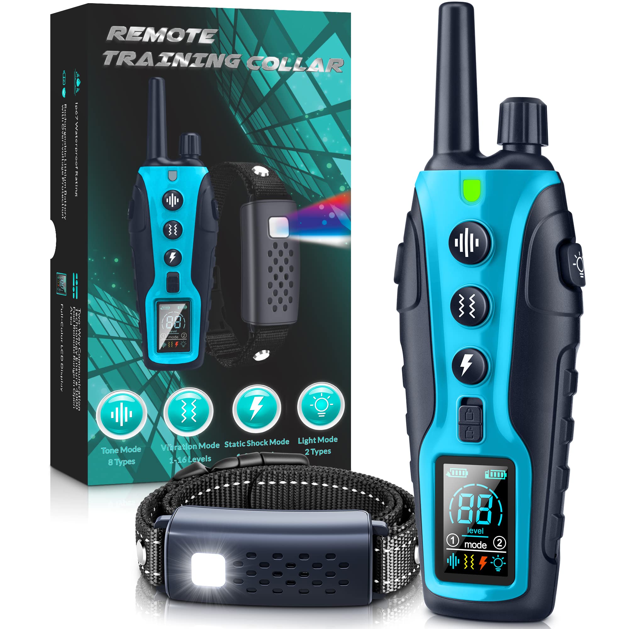 Nikketta Dog Shock Collar with Flashing Light for Night Walks,Dog Training Collar with Adjustable Pitch Beep,Vibration,Shock and Keypad Lock,Dog Training Collar with Remote 4000FT,Cyan-Blue