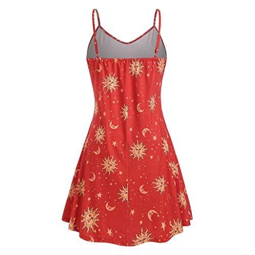 Keepfit Plus Size Sling Dress for Women Graphical Printed Scoop Neck Pleated A-Line Swing Dress Red