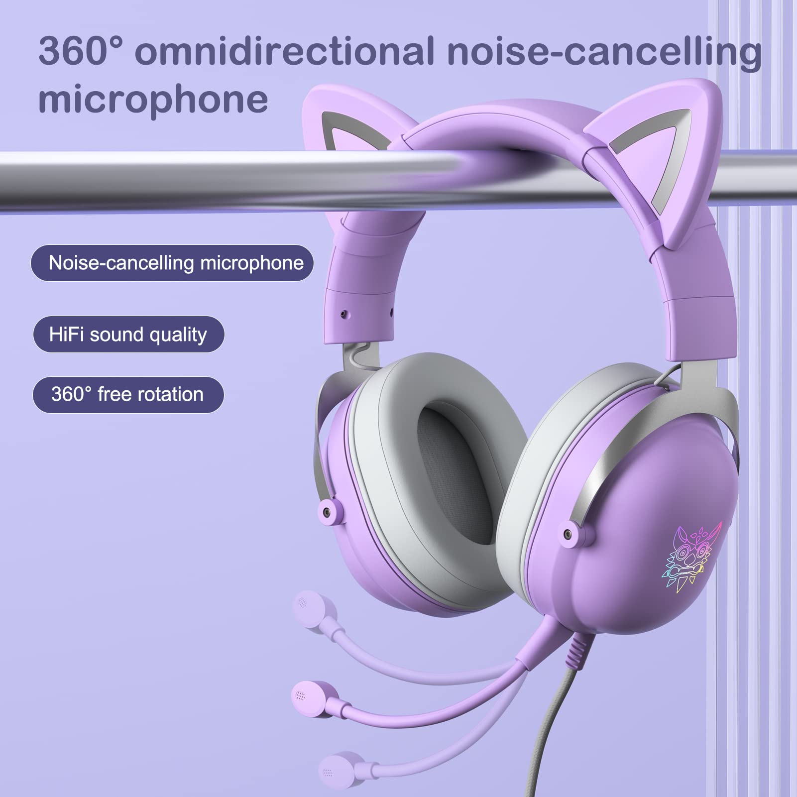 HOLULU Gaming Headset with Removable Cat Ears, Compatible with PC Mobile Phones Tablet, PS5 PS4 Xbox One(Adapter Not Included), with RGB Backlight, Removable Mic, 3.5mm & USB C Plug, Purple