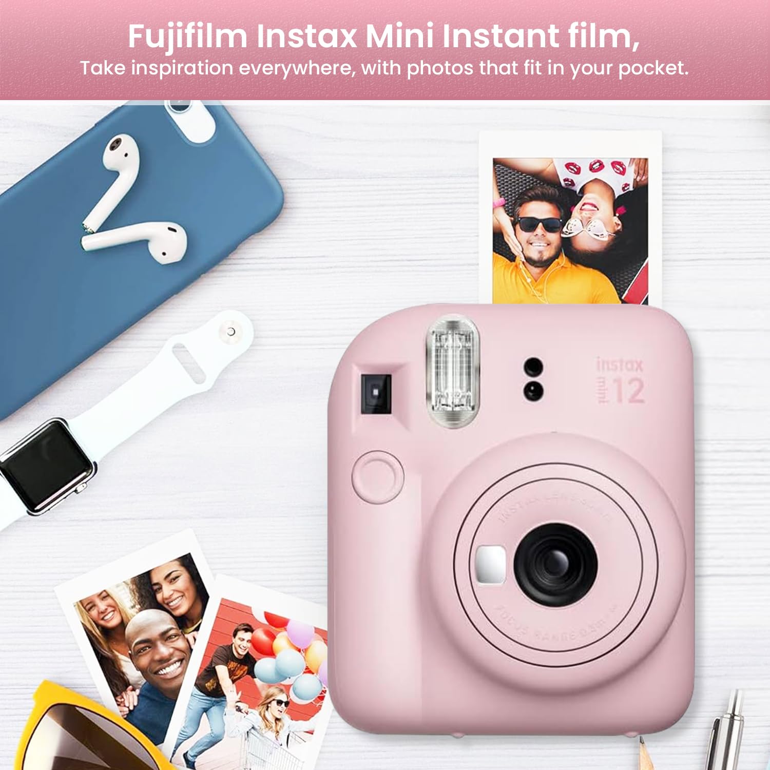 Fujifilm Instax Mini 12 Instant Camera Clay White MiniMate Accessory Bundle & Compatible Custom Case + Fuji Instax Film Value Pack (50 Sheets) Designer Photo Album (Clay White)