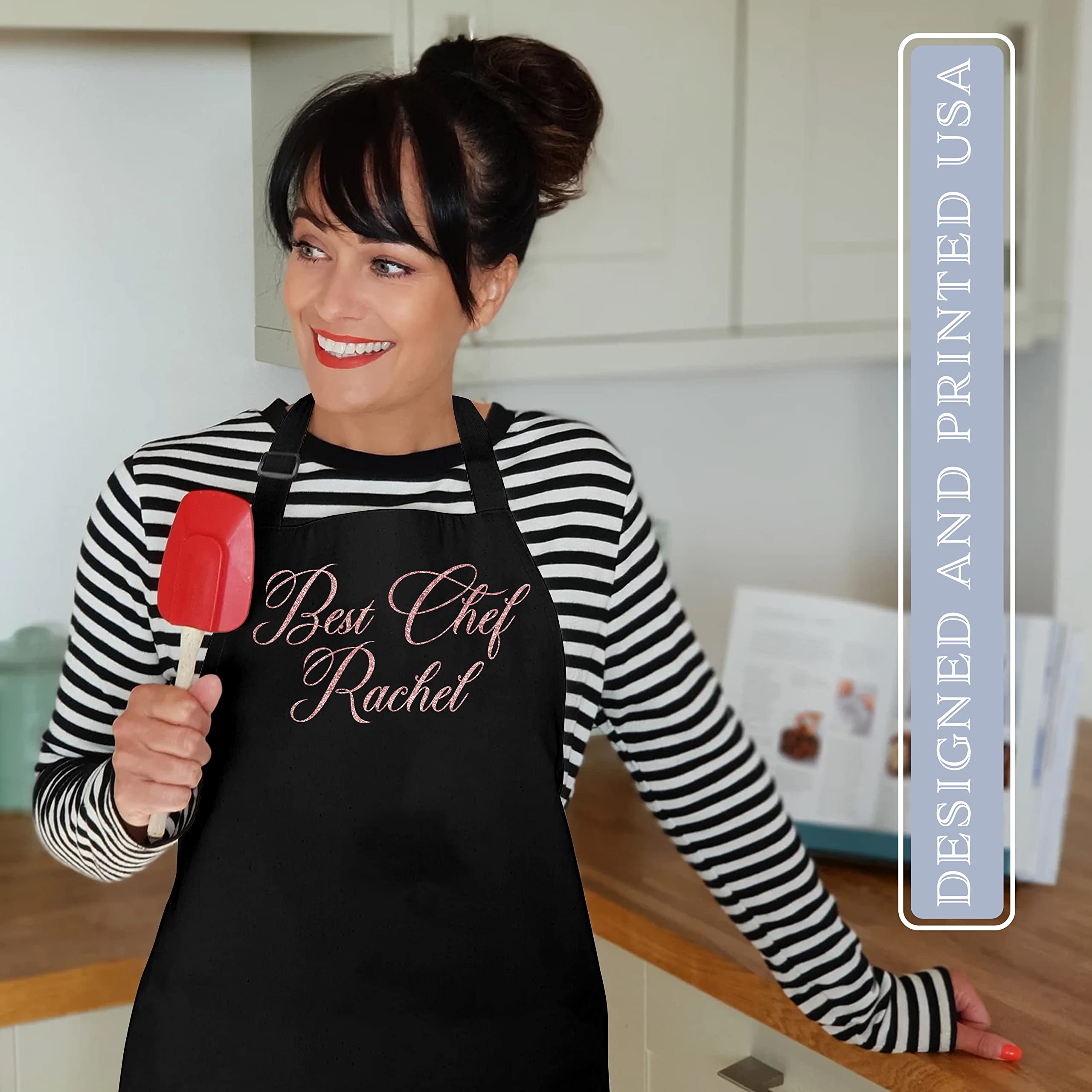 LALALA GIFT LAND Customized Kitchen Chef Apron w/Pockets - Black - White Option - 9 Font - 18 Font Color - Personalized Bbq Chef Apron (Black)