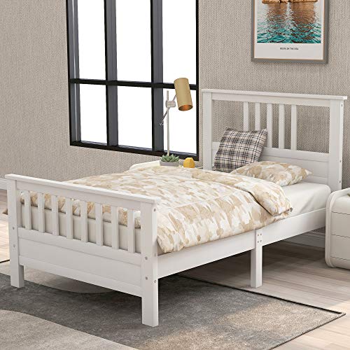 POCIYIHOME Twin Wood Platform Bed with Headboard and Footboard, Modern Bed Frame with Solid Wood Slat and Support Legs for Bedroom, Simple and Classic Design,No Box Spring Need, White (Twin)