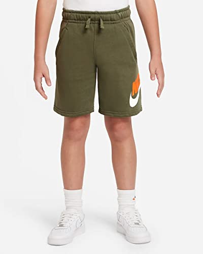 Nike Sportswear Club + HBR Fleece Shorts (Big Kids) (Medium, Medium Olive/Total Orange/White)