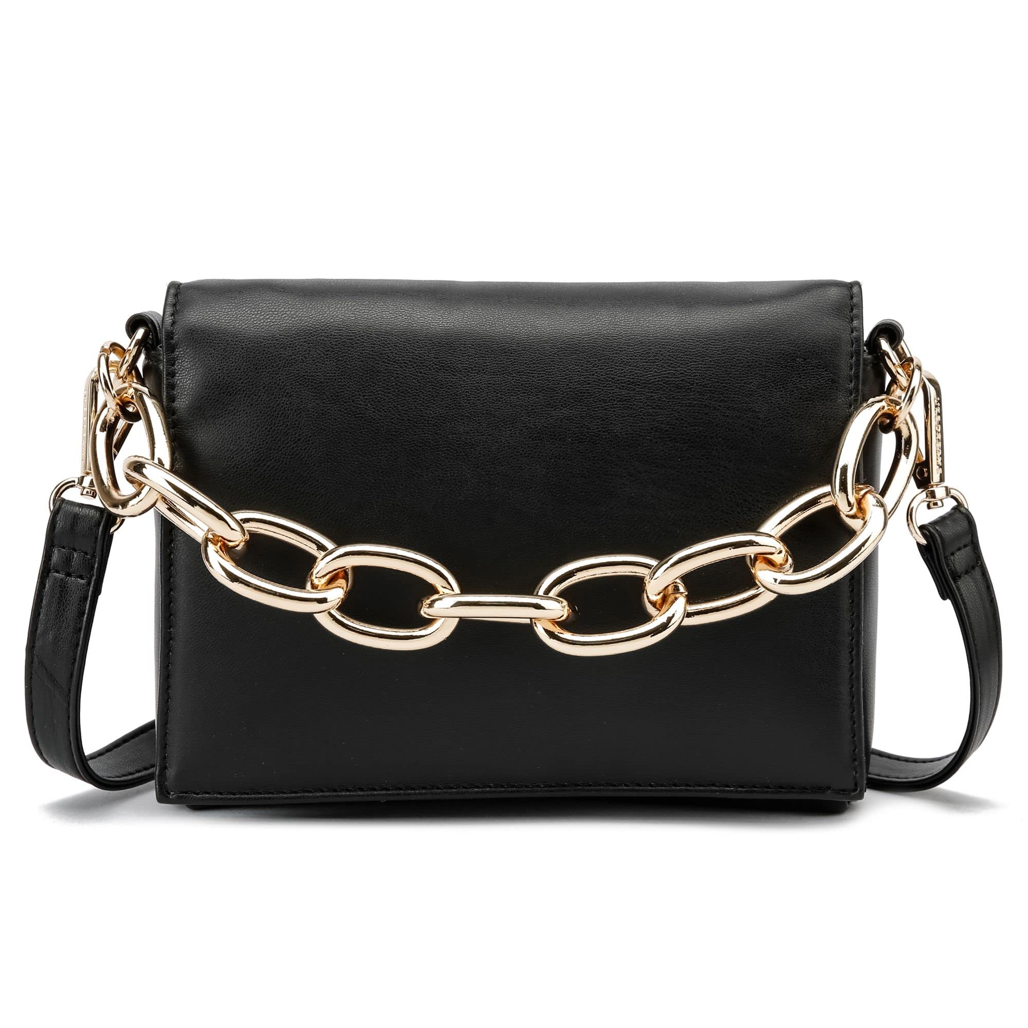 Like Dreams Womens Soft Vegan Leather Crossbody Bag Oversized Gold Chain Detachable Strap Small Hobo Handbag (Black)