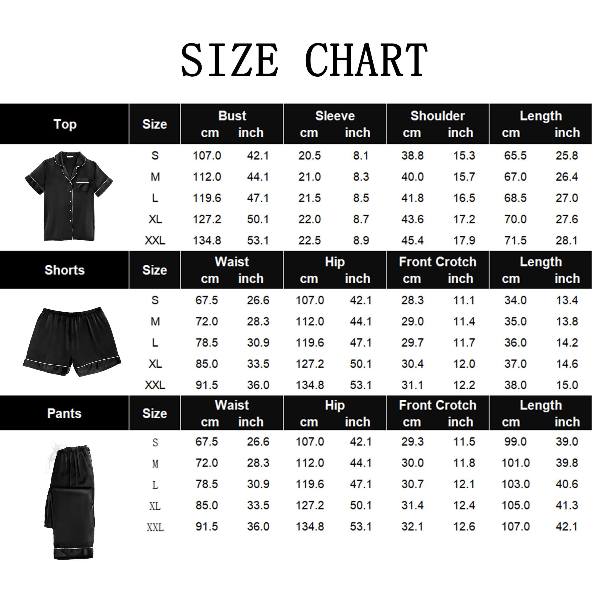 Ekouaer Womens 3 Piece Satin Silk Short Sleeve Sleep Shirt and Long Pants with Shorts Pajama Set, Black, Small