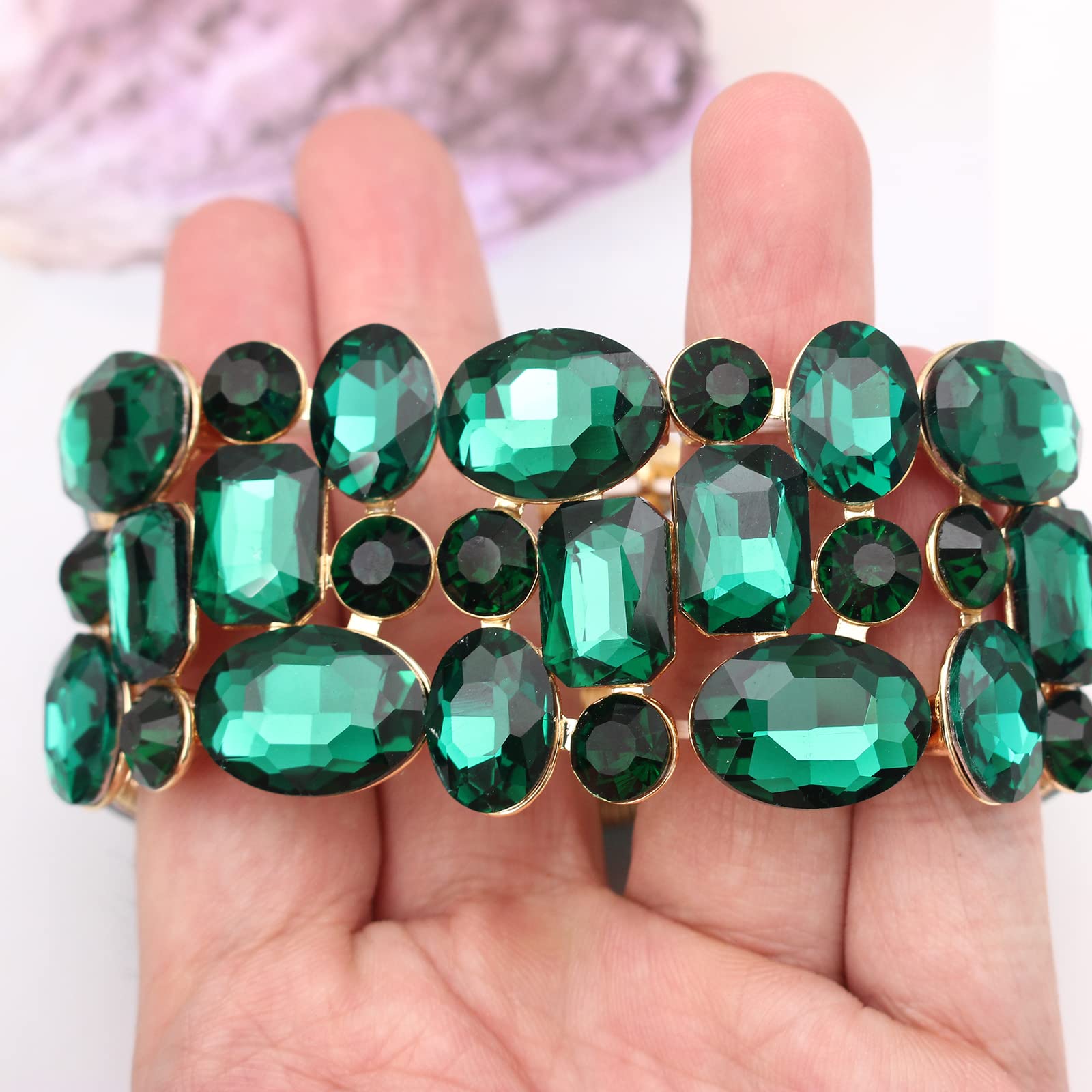 Enrwin Women’s Wedding Bridal Crystal Leaf Flower Stretch Bangle Elastic Wide Bracelet Jewelry for Brides Bridesmaid (Emerald-Gold Plated, Alloy)