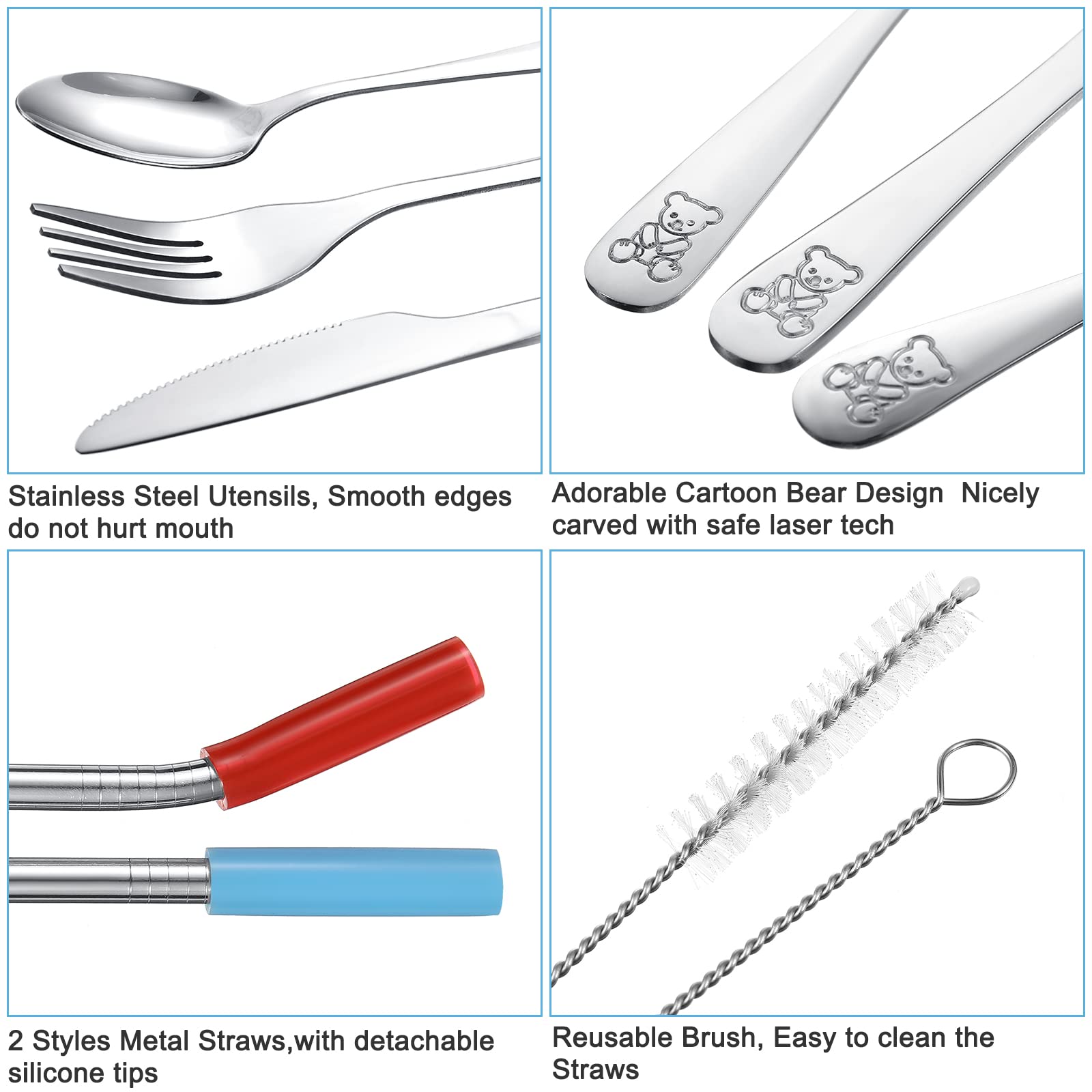 Mimorou 40 Pieces Toddler Utensils Kids Silverware Set Stainless Steel Forks Spoons Knife and Metal Straws with Silicone Tips Brush Bulk for Self Feeding
