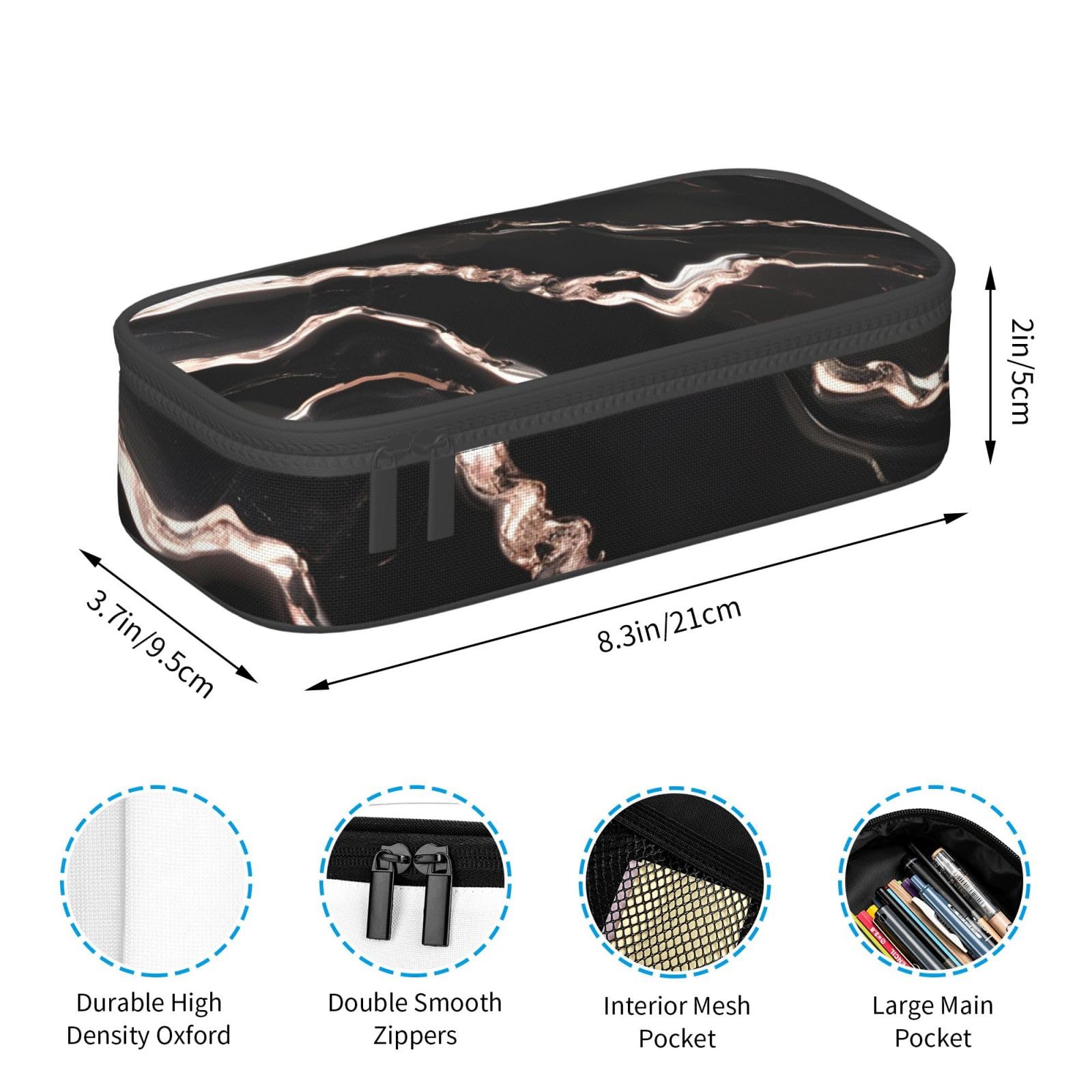 QHWLR Black rose gold Marble print Pencil Case Large Capacity Pen Pouch for interlayer Adults Cosmetic Bag Supplies 