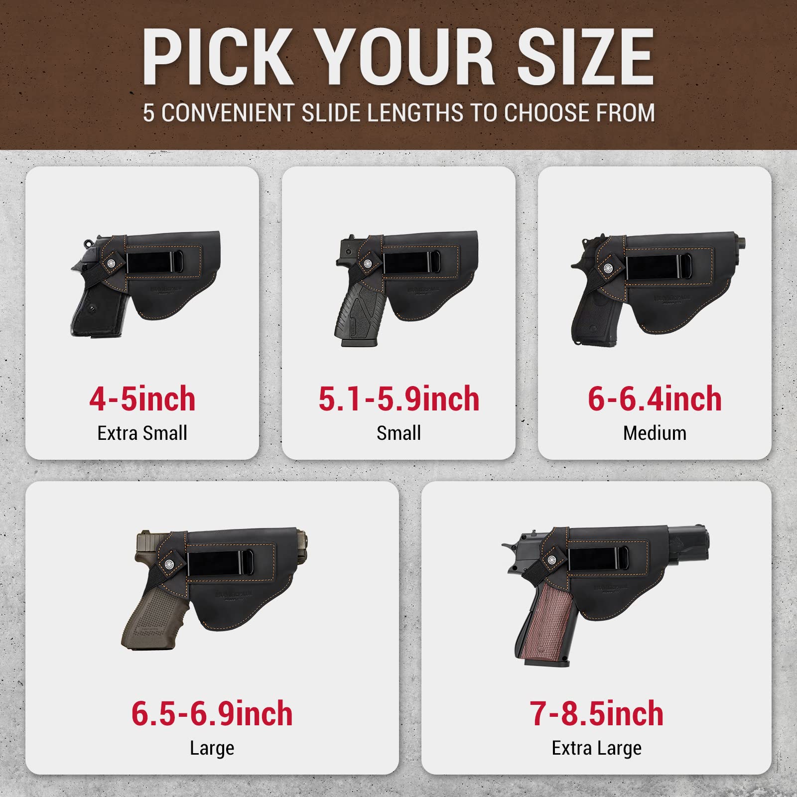 Genuine Leather Gun Holster for Concealed Carry, Men Women Universal IWB Belt Holster for Right & Left Hand, Fit Most Full Size Compact Subcompact Pistol (Brown)