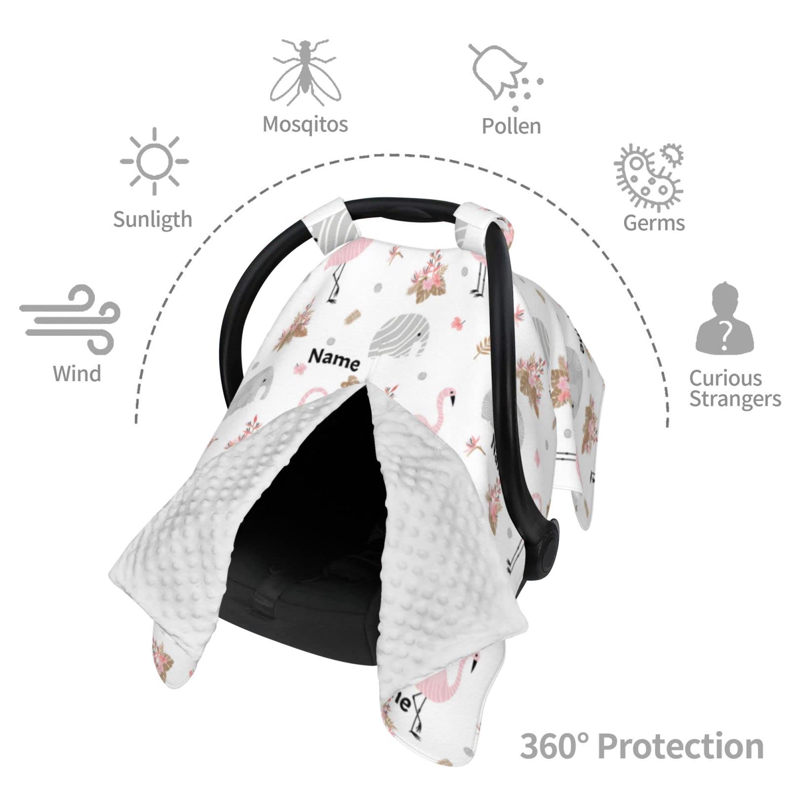 Personalized Baby Car Seat Cover Custom Name Childish Boho Elephant Flamingo Infant Carseat Canopy Multi-Use for Newborn Stroller Nursing Breastfeeding Cozy Soft Gift
