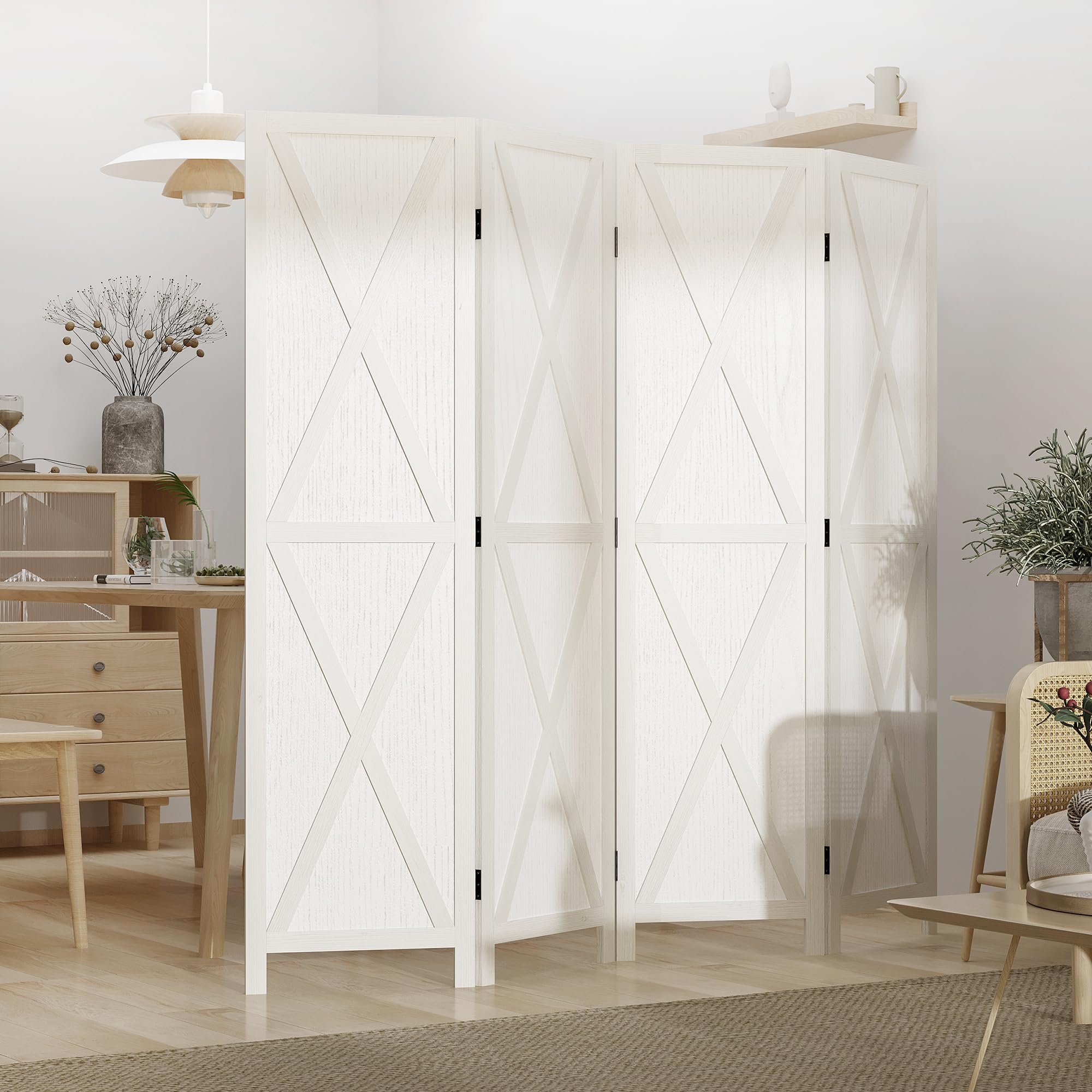 HOMCOM 4-Panel Folding Room Divider, 5.6 Ft Tall Freestanding Paulownia Wood Privacy Screen Panels for Indoor Bedroom Office, White