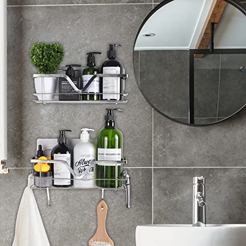 SIXDOVE Shower Caddies 2 PACK - No Drilling Adhesive Shower Organizer with Hooks, Rustproof SUS304 Stainless Steel Bathroom Shower Shelf, Shower Rack Large Shower Holder & Kitchen Storage (Silver)